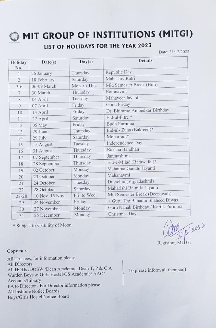 List of Holidays | Moradabad Institute of Technology