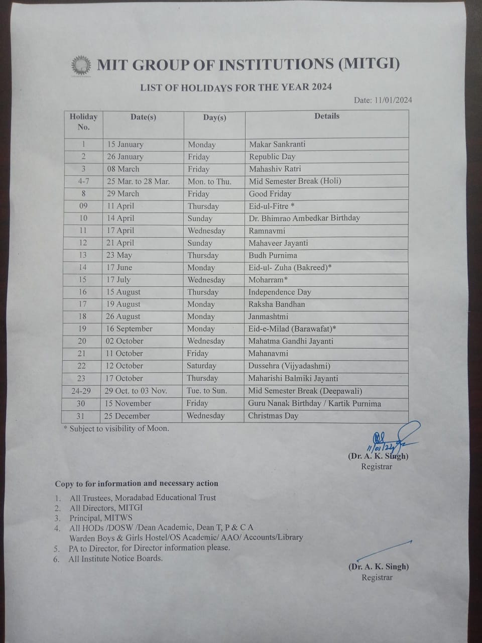 List of Holidays | Moradabad Institute of Technology