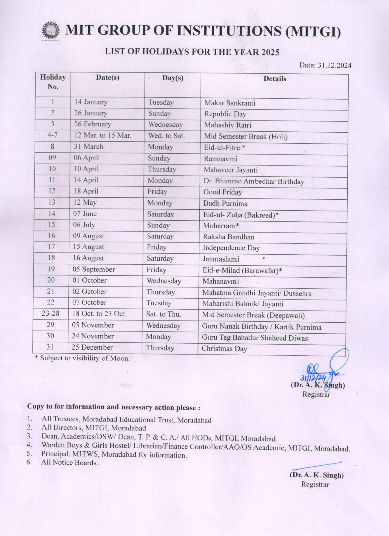 List of Holidays | Moradabad Institute of Technology